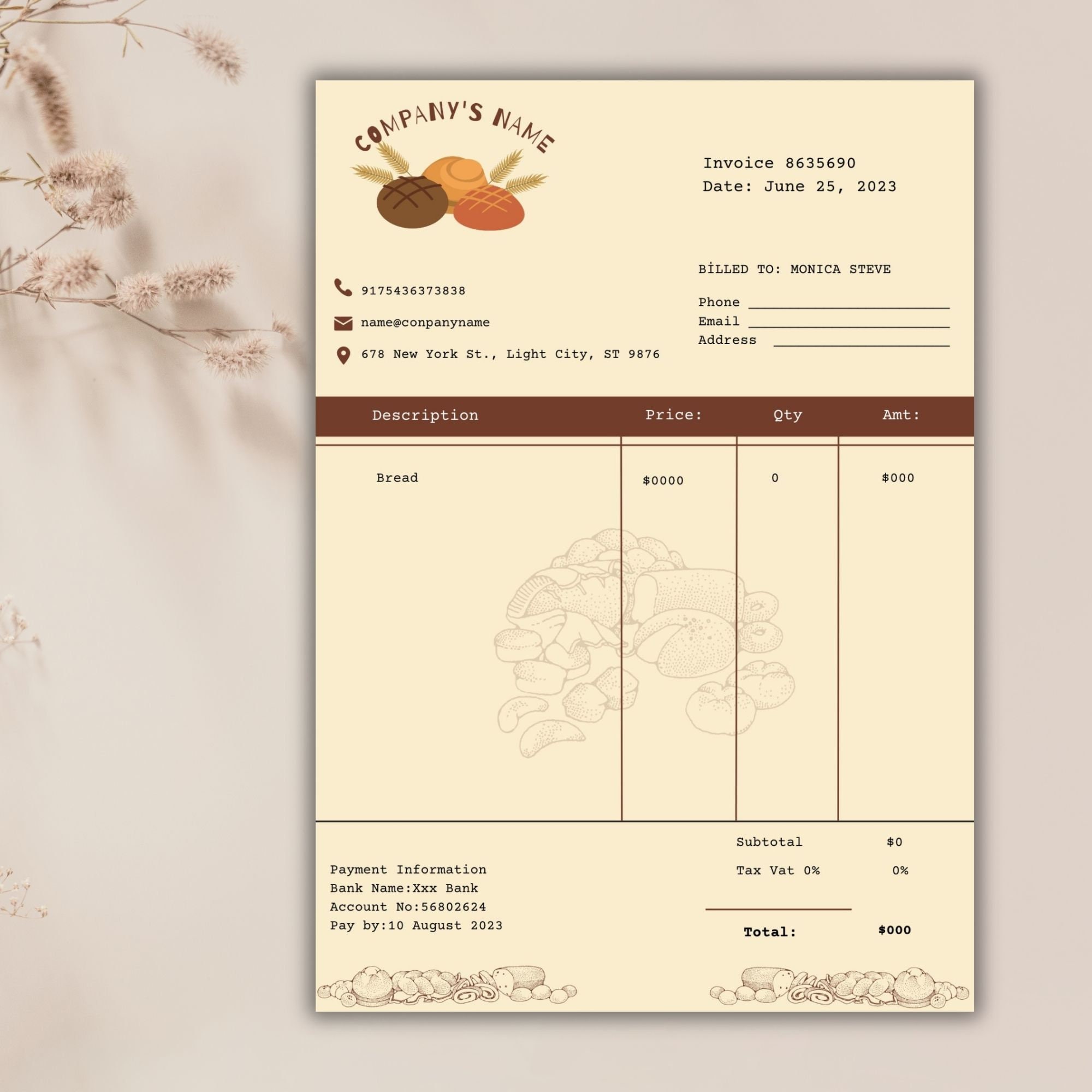 Bakery Invoice Template Receipt Template Business Template Printable ...
