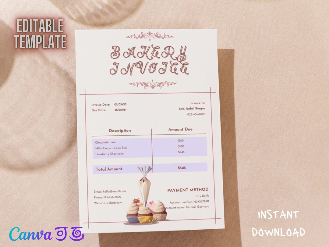 BAKERY INVOICE TEMPLATE Cake Invoice Editable Invoice Template for ...