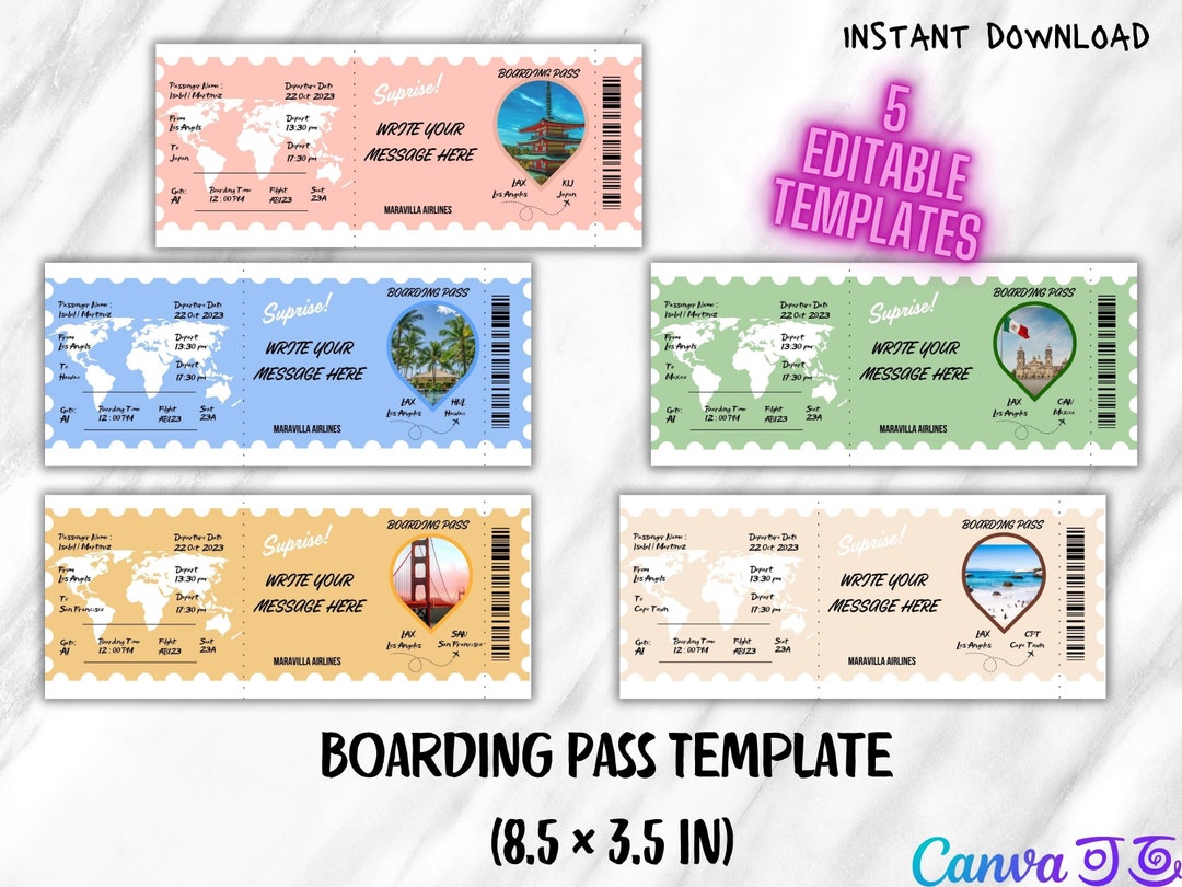 Editable Boarding Pass Template Airplane Ticket Gift Card Printable ...