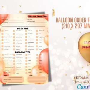 Editable Balloon Order Form Party Balloons Order Sheet Balloon Garland ...