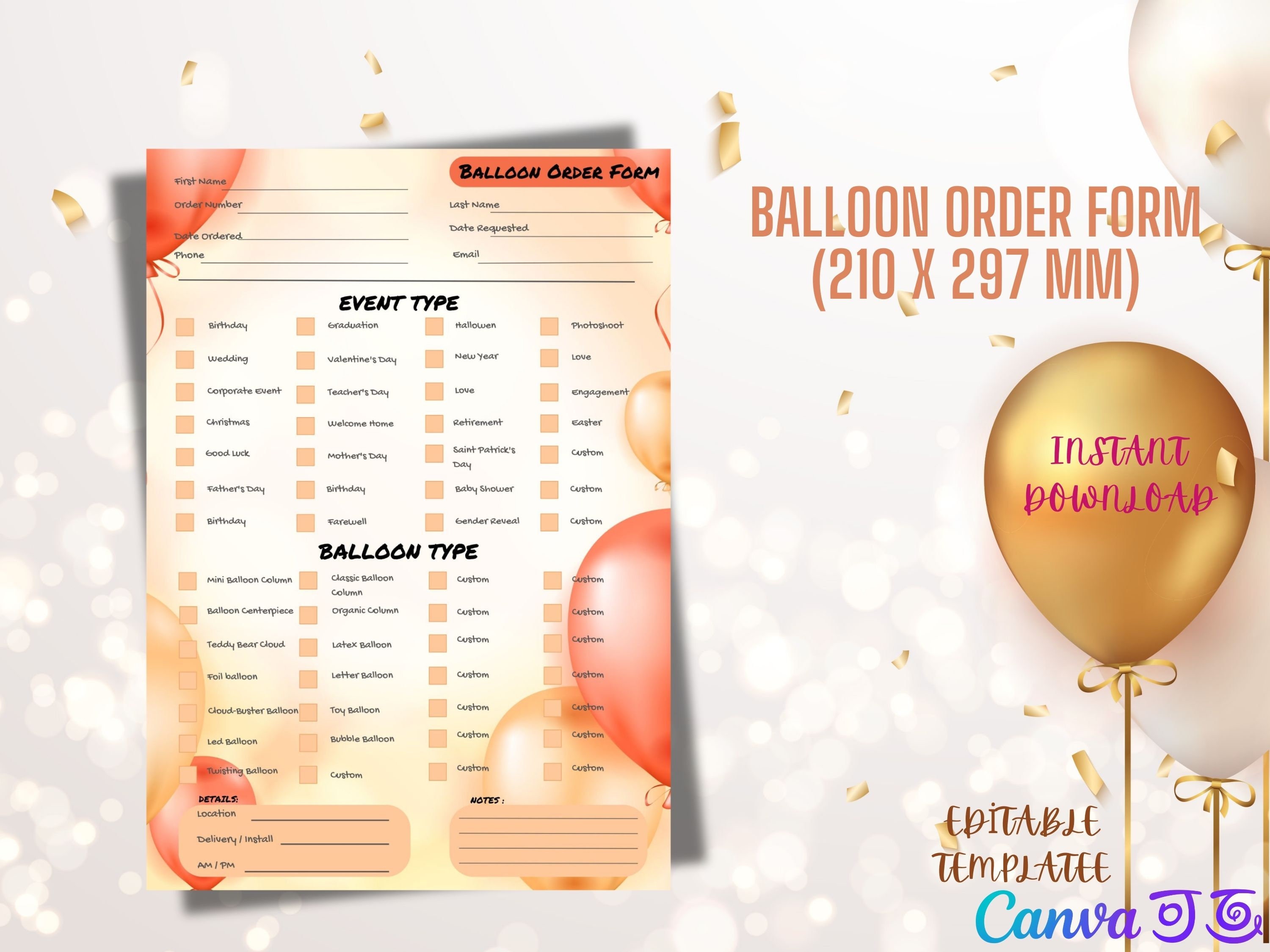 Editable Balloon Order Form Party Balloons Order Sheet Balloon Garland ...