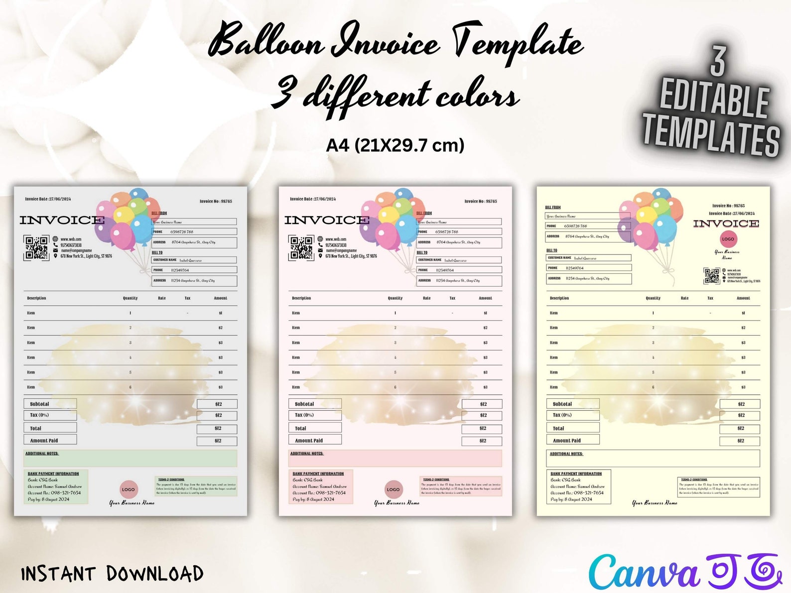 Editable Balloon Invoice Template Balloon Forms Balloon Business Custom ...