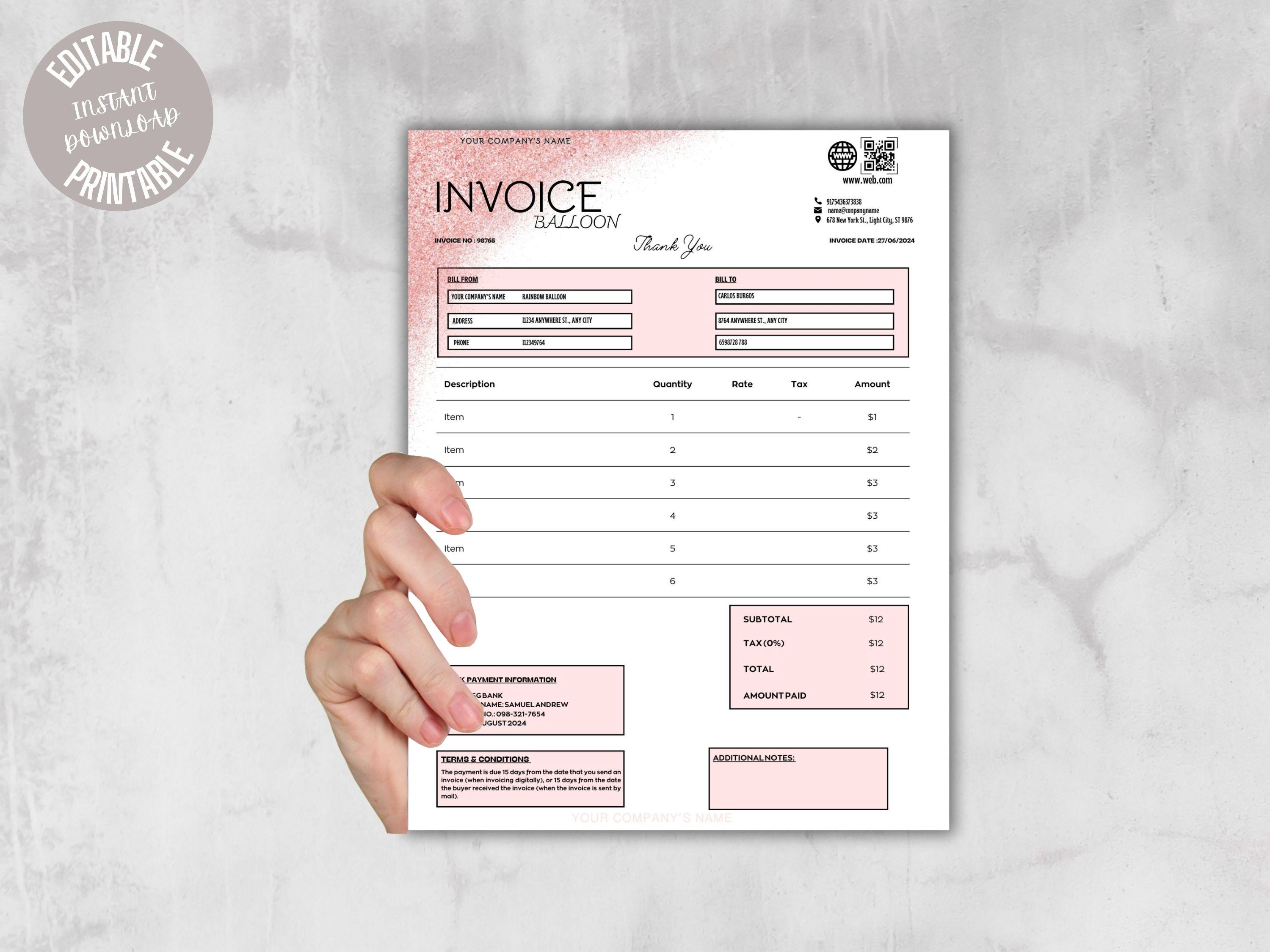 Balloon Business Invoice Template Editable PDF Customizable Balloon ...