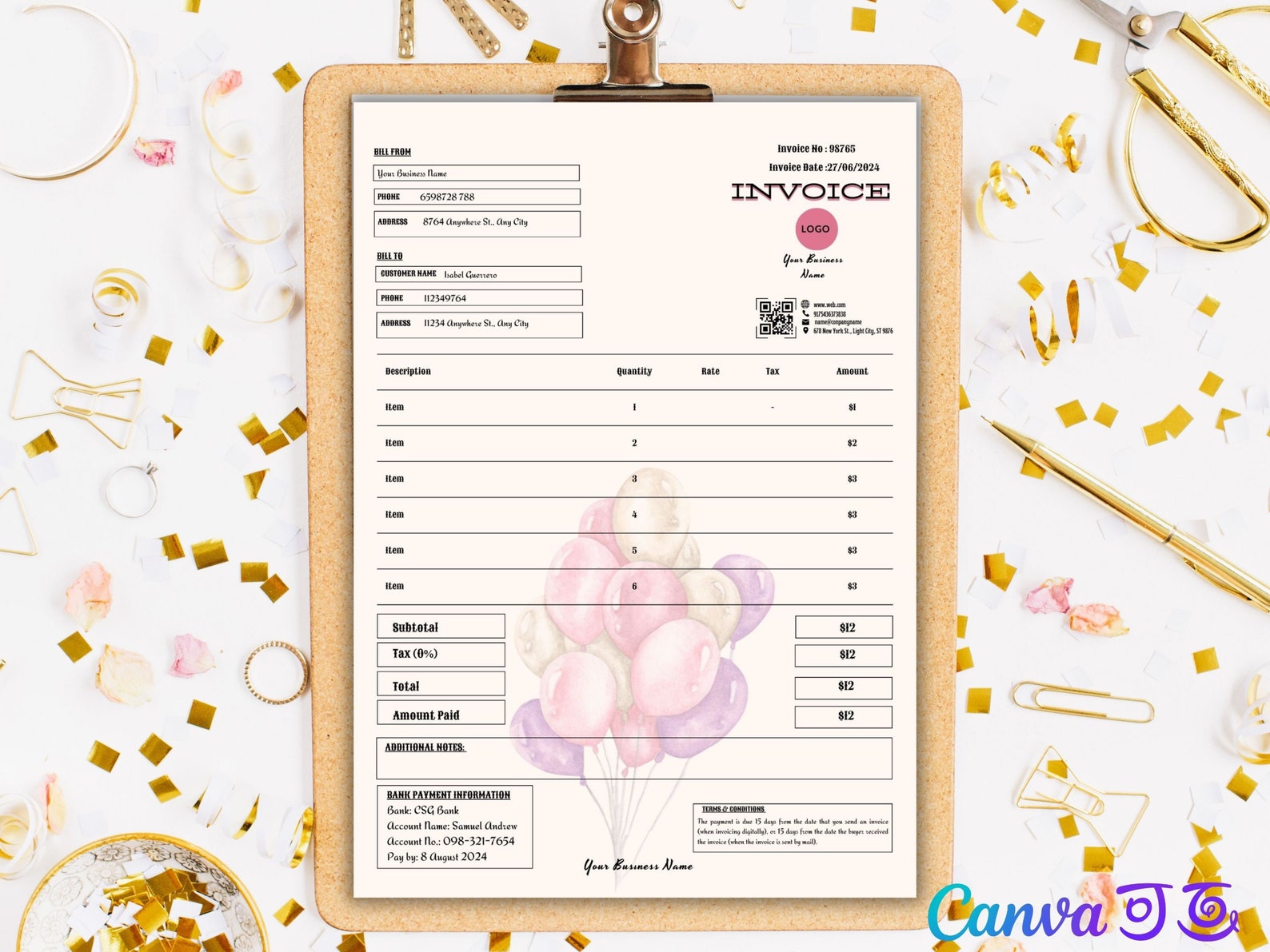 Editable Balloon Invoice Template Balloon Business Forms Balloon ...