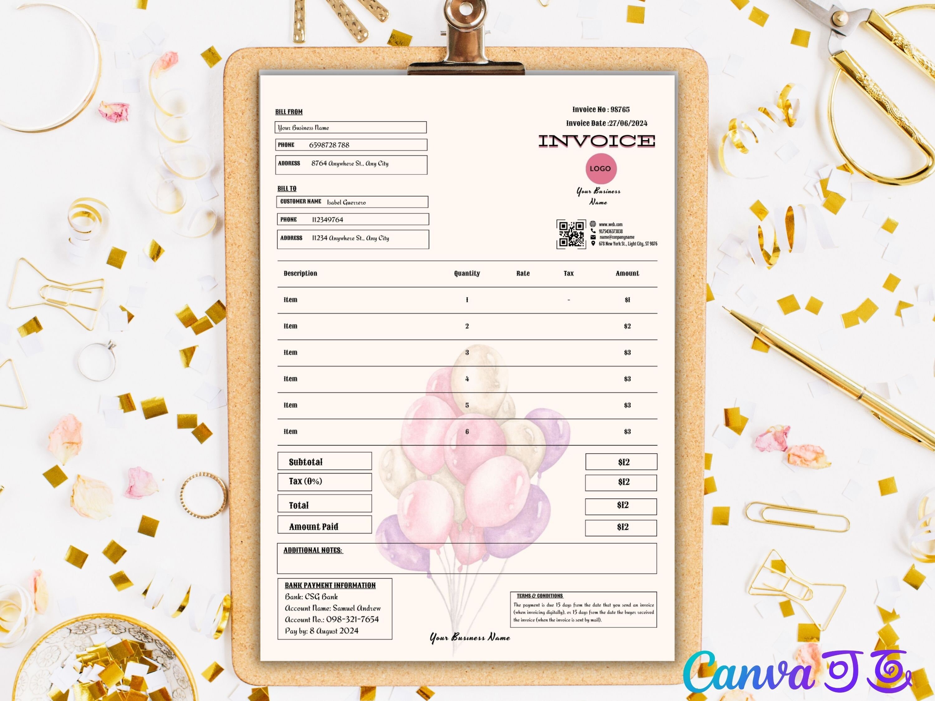 Editable Balloon Invoice Template Balloon Business Forms Balloon ...