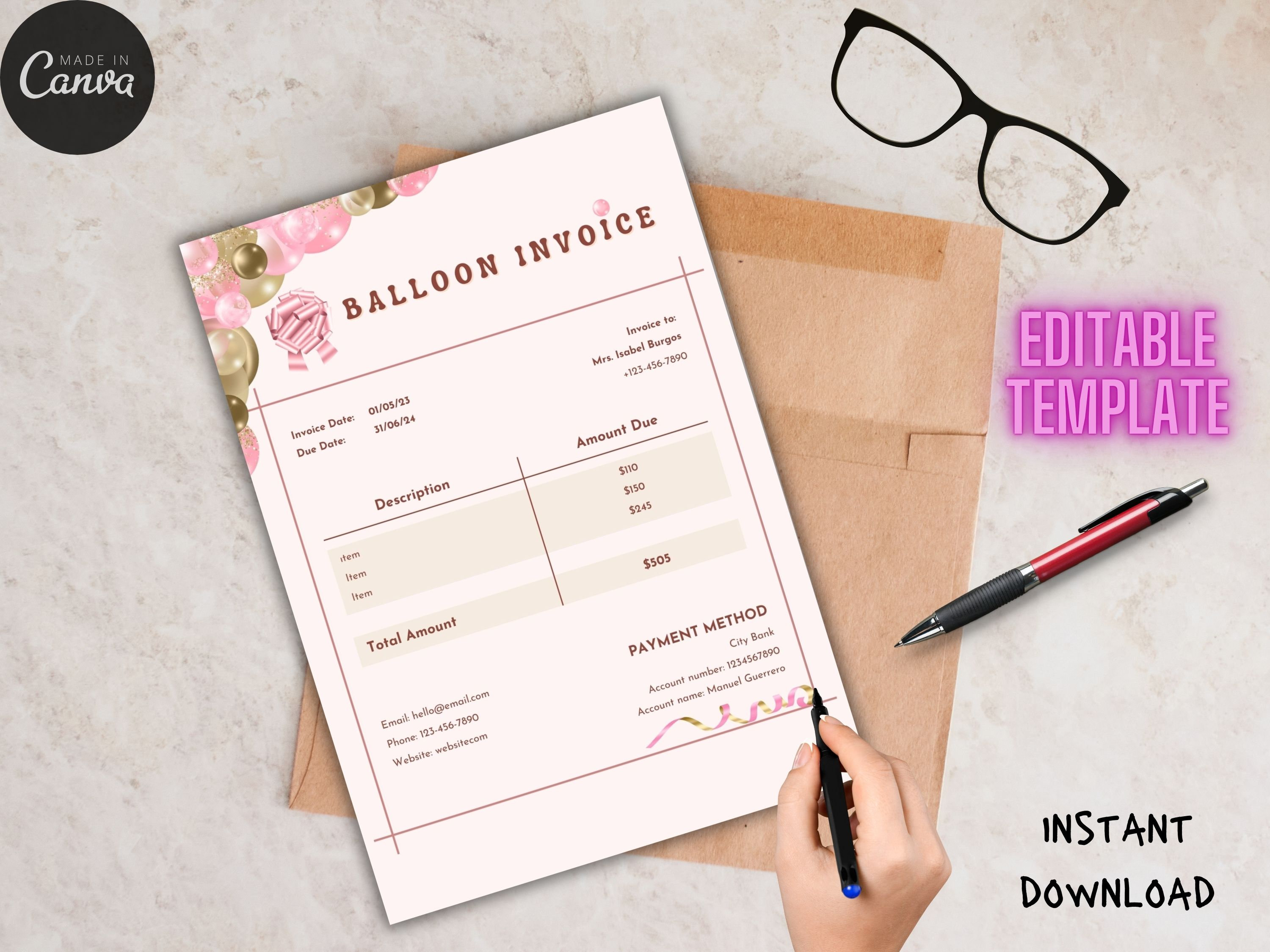 Balloon Invoice Template Receipt Template Business Template Printable ...