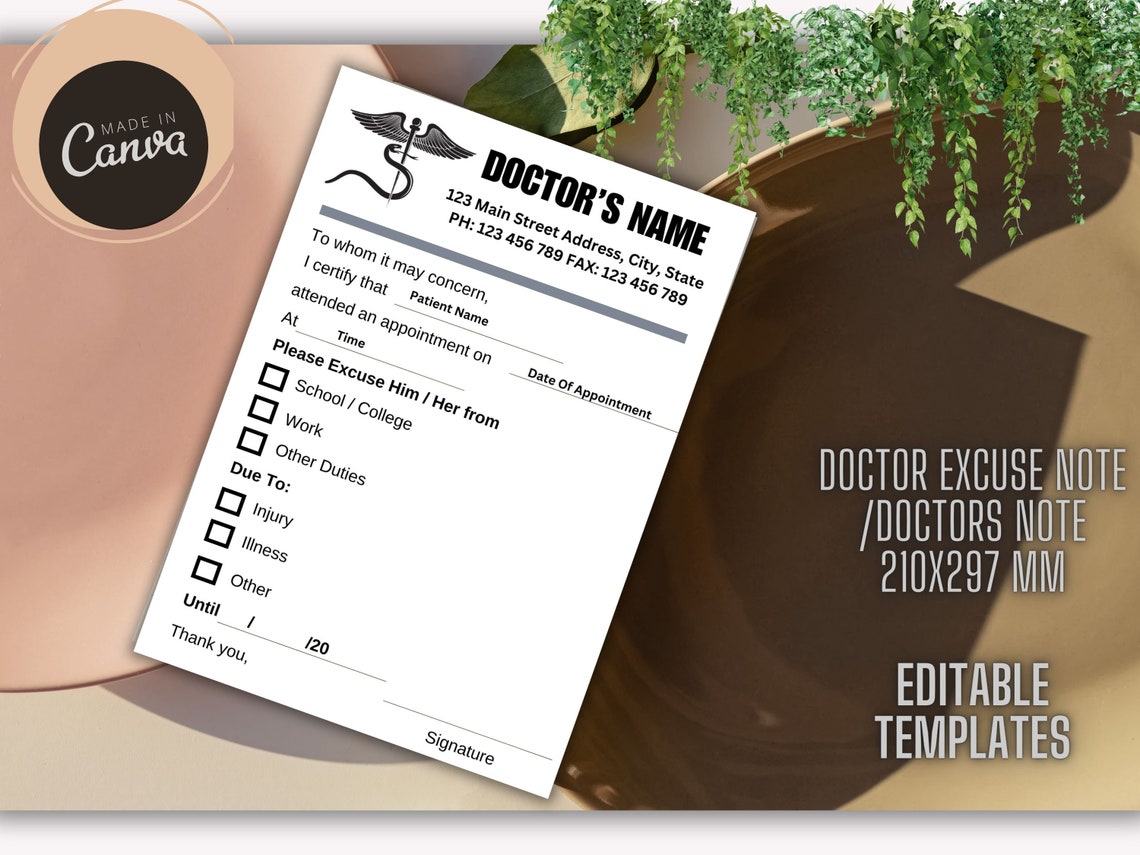 Editable Doctor Excuse Note for Work Doctor Excuse Letter Form Doctor's ...