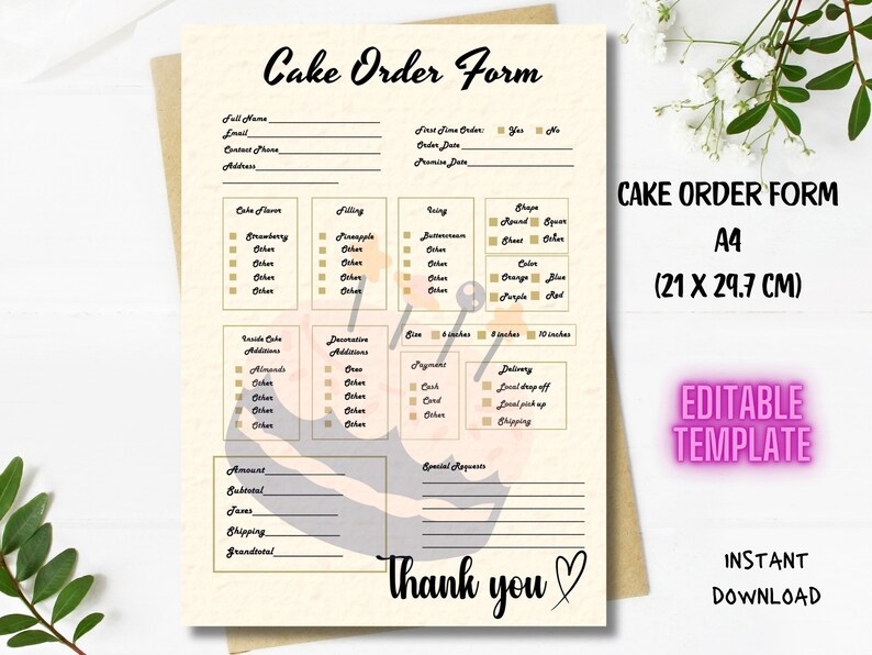 Editable Cake Order Form Template Bakery Order Form Wedding Cake Order ...