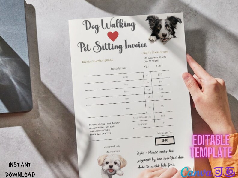 Pet Sitting Invoice Template for Dog Walking Pet Care Dog Grooming and ...