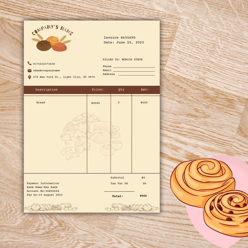 Bakery Invoice Template Receipt Template Business Template Printable ...