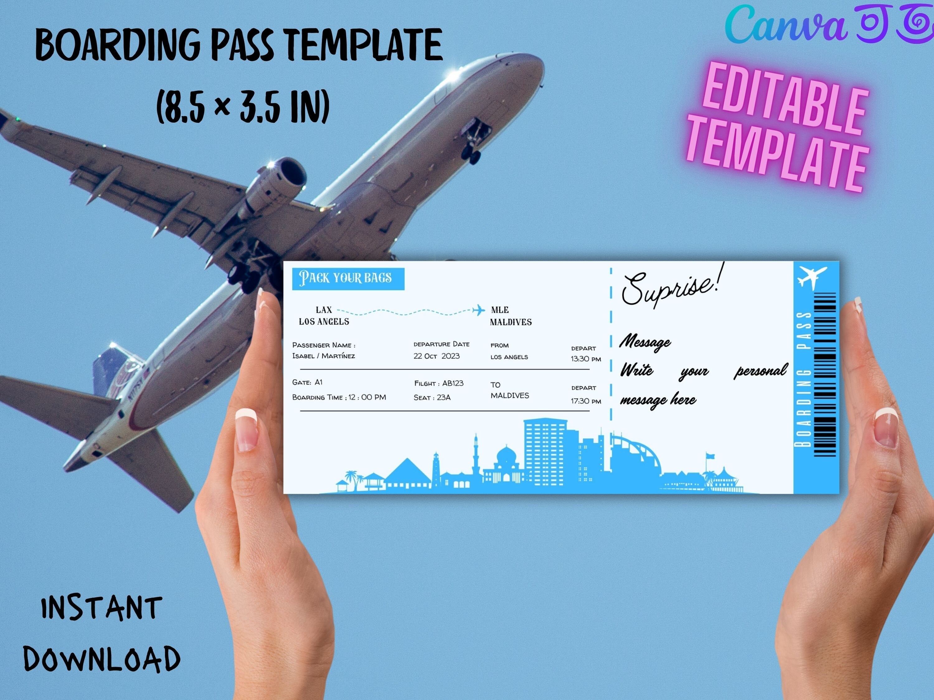 Editable Boarding Pass Template Canva Boarding Pass Surprise Trip ...