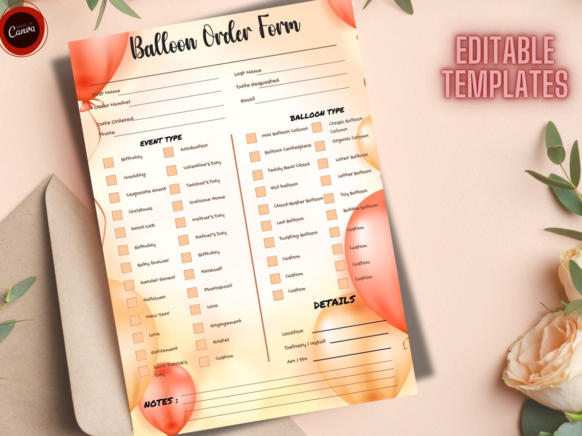 Editable Balloon Order Form Party Balloons Order Sheet Balloon Garland Form Balloon Business ...