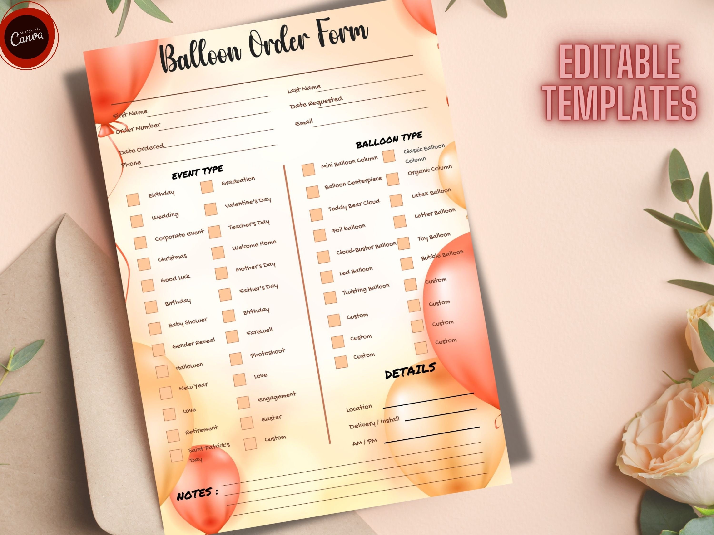 Editable Balloon Order Form Party Balloons Order Sheet Balloon Garland ...