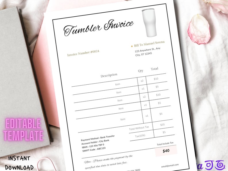 Printable Tumbler Invoice Template Editable Cup Invoice Sublimation ...