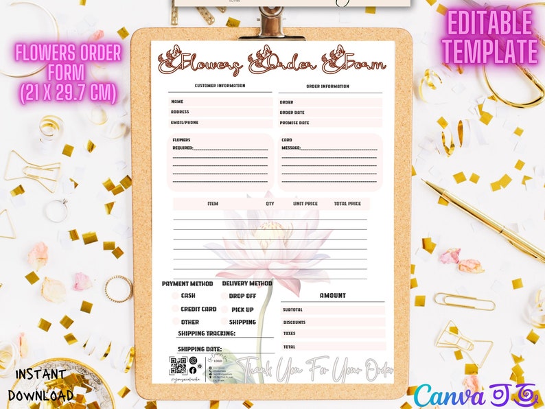EDITABLE FLORIST ORDER Form Wedding Flowers Printable Flowers Order ...