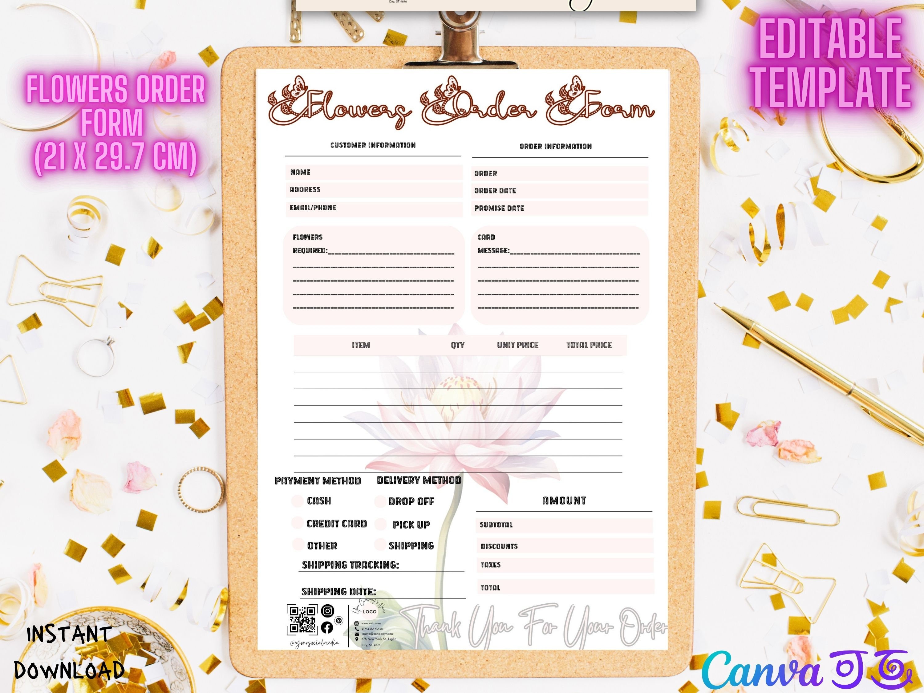 EDITABLE FLORIST ORDER Form Wedding Flowers Printable Flowers Order ...