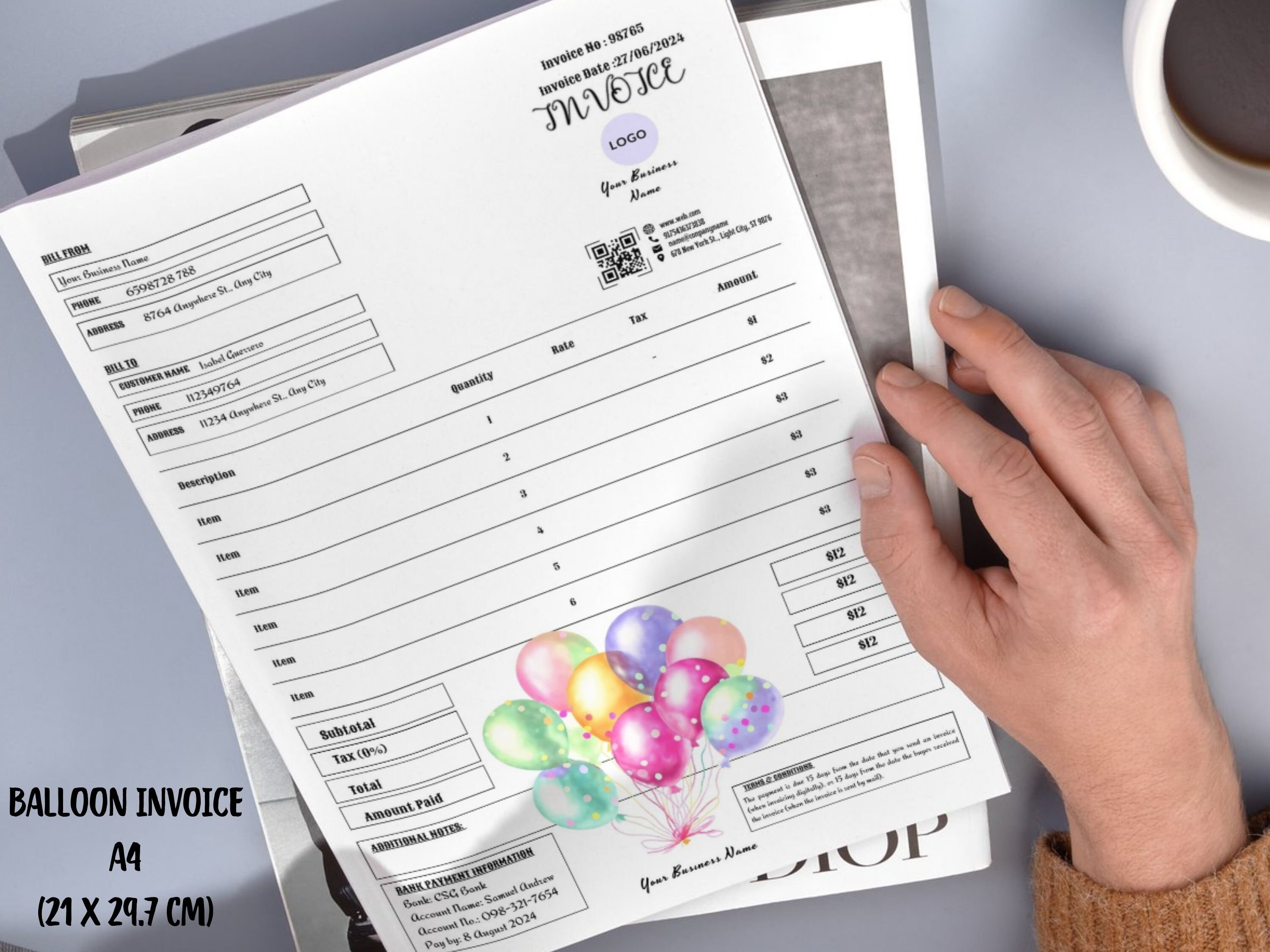 Balloon Invoice Template Receipt Template Business Template Printable ...