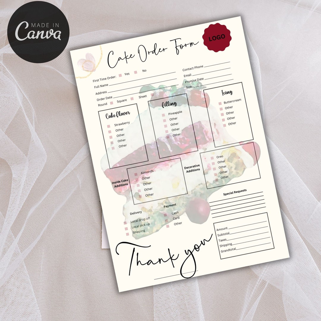 Editable Cake Order Form Template Cupcake Order Form Bakery Order Form ...