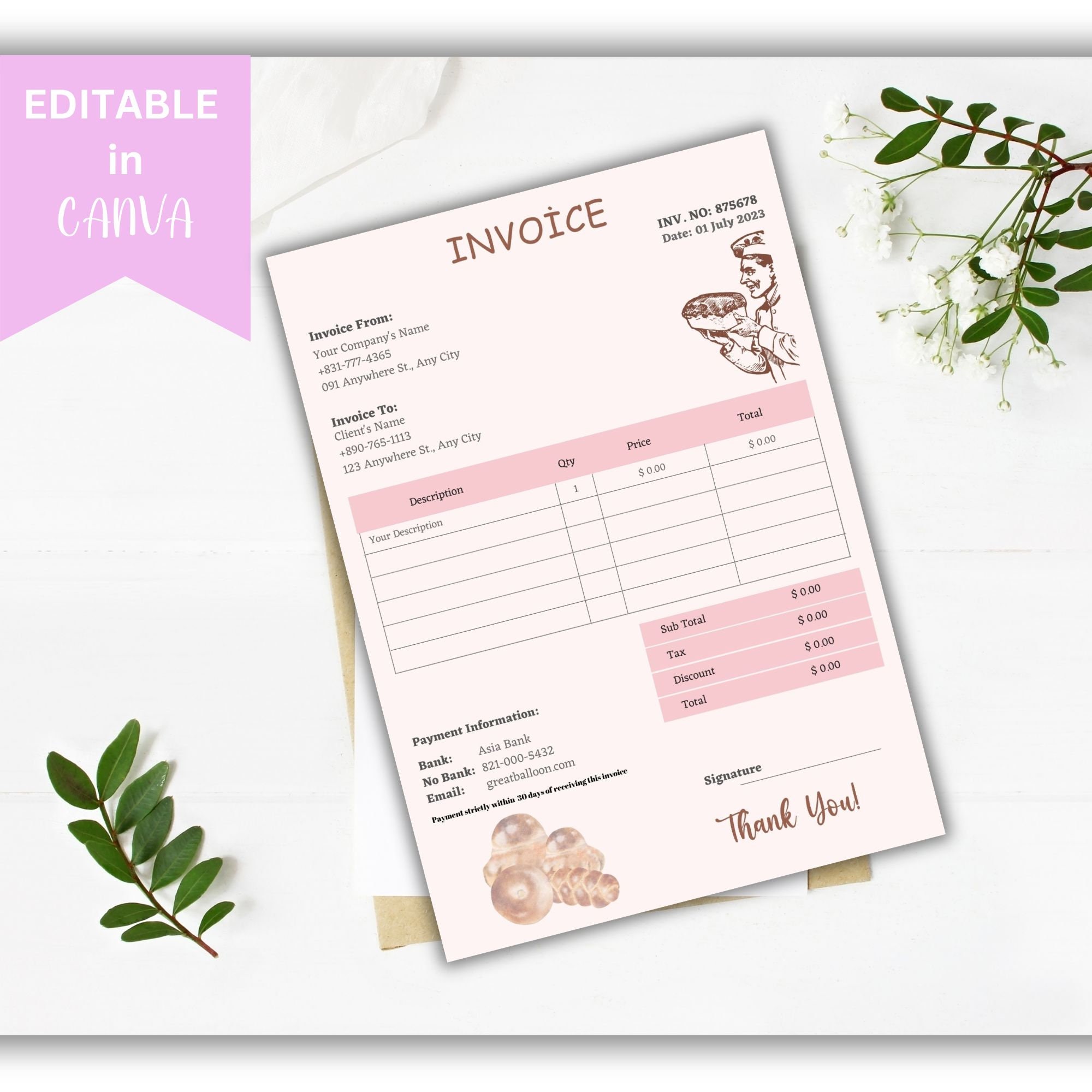 Bakery Invoice Template Receipt Template Business Template Printable ...