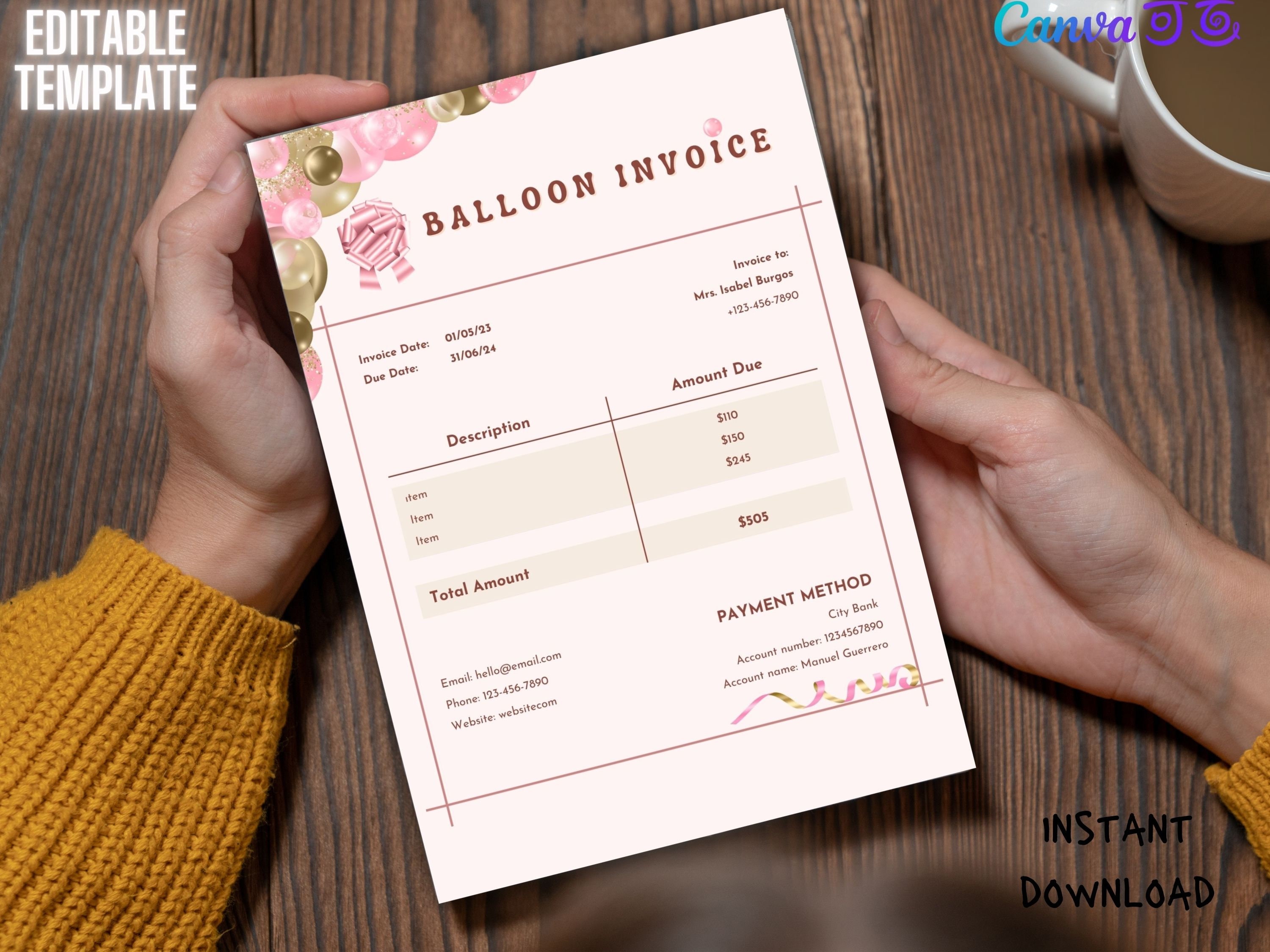 Balloon Invoice Template Receipt Template Business Template Printable ...