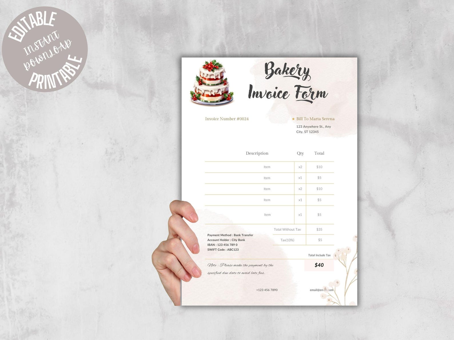 BAKERY INVOICE TEMPLATE, Editable Invoice Template for Small Business ...