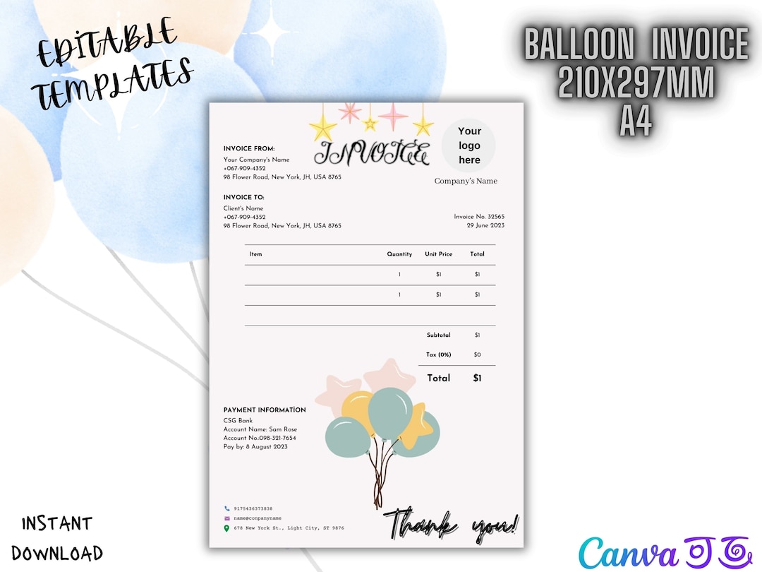 Balloon Invoice Template Editable Balloon Artist Invoice Template ...
