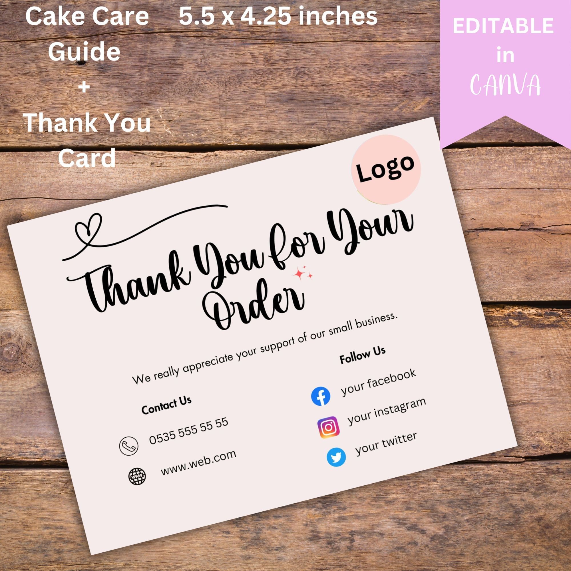 Cake Care Card Cake Instructions Cake Card Template Cake Care Cards ...