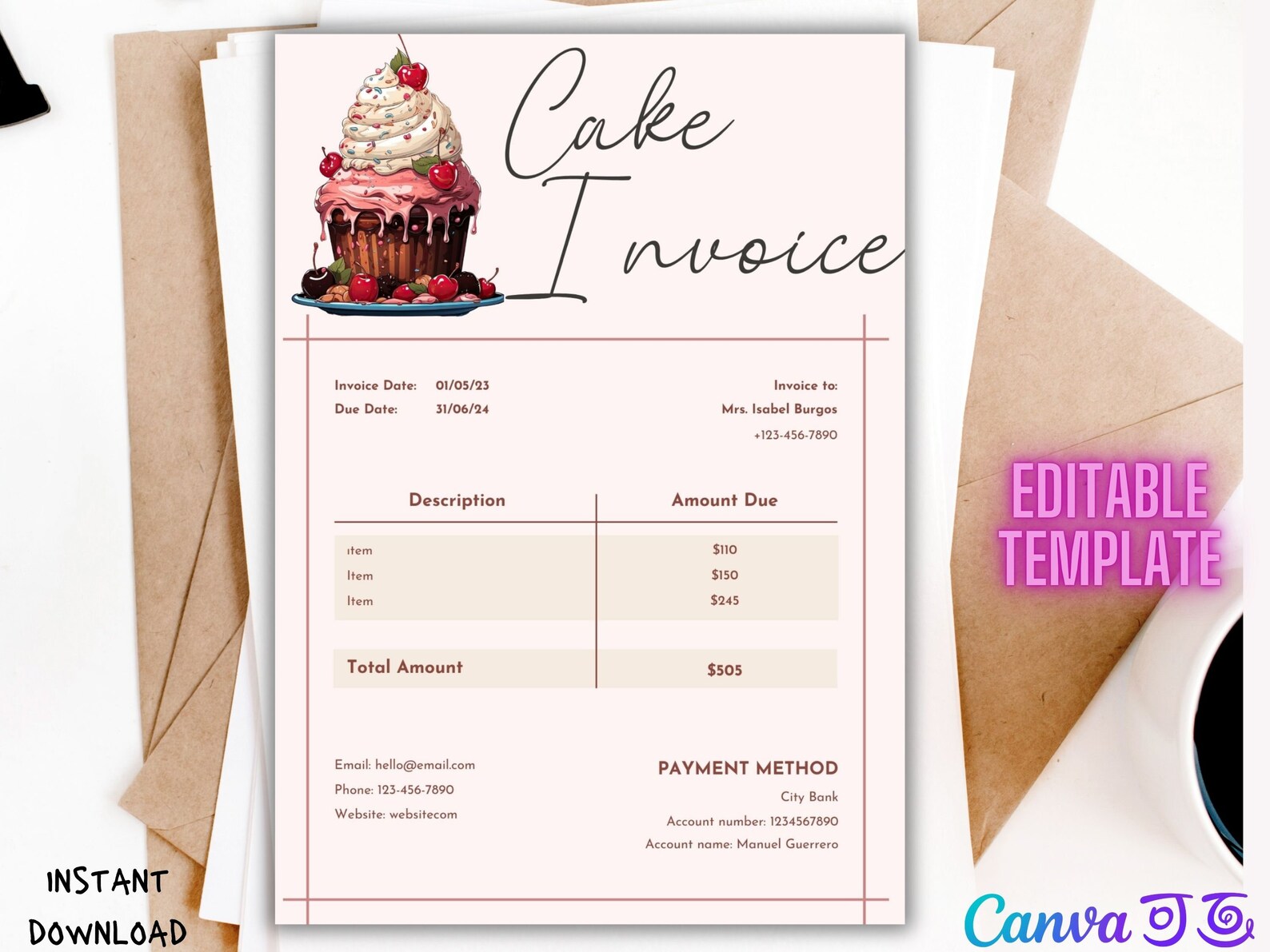 Editable Cake Invoice Template Cake Form Printable Bakery Invoice Small Business Forms ...
