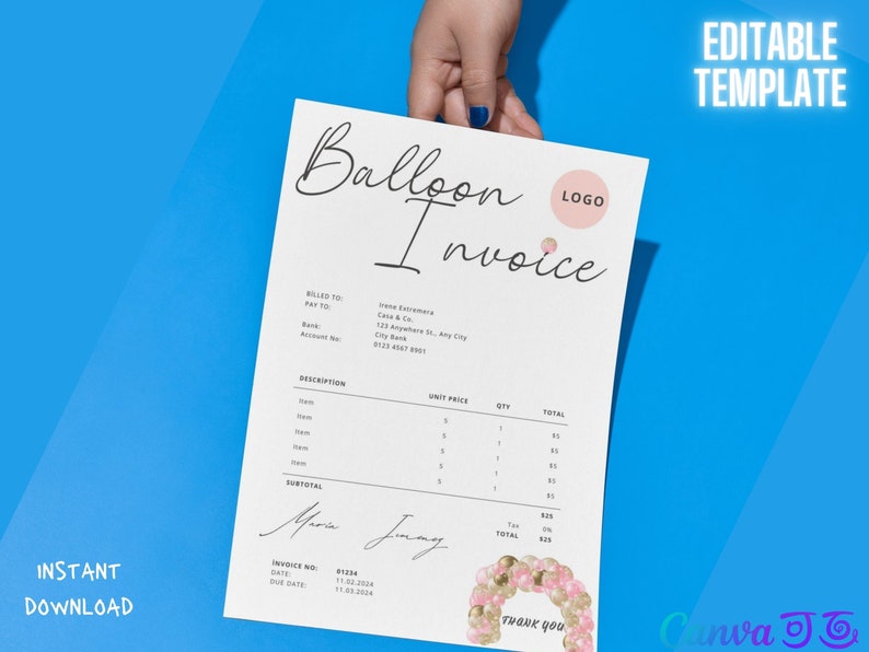 Balloon Invoice Template Receipt Template Business Template Printable ...