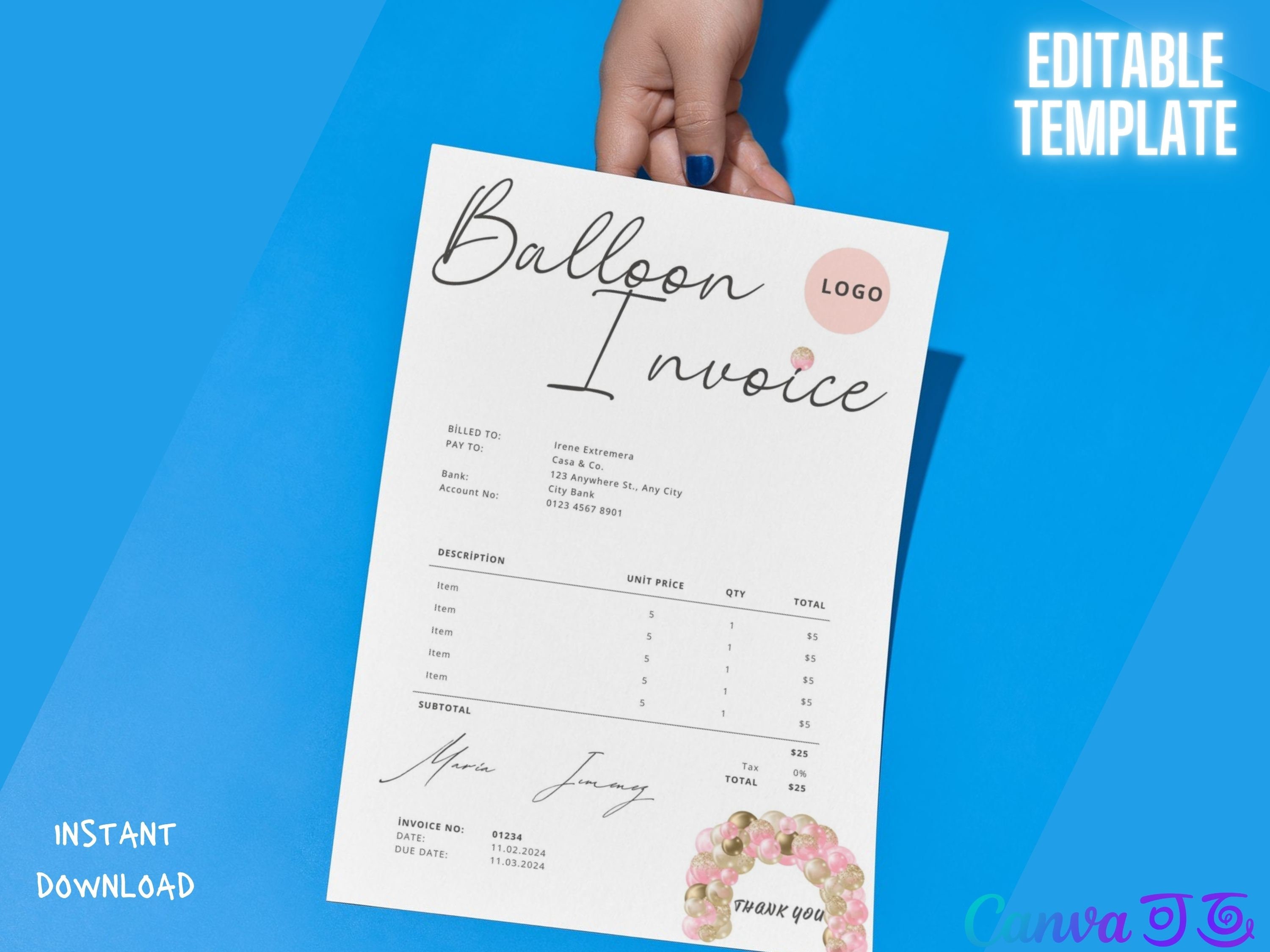 Balloon Invoice Template Receipt Template Business Template Printable ...