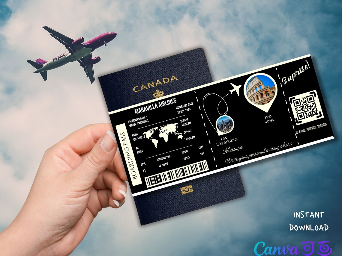 Editable Boarding Pass Template Canva Boarding Pass Surprise Trip ...
