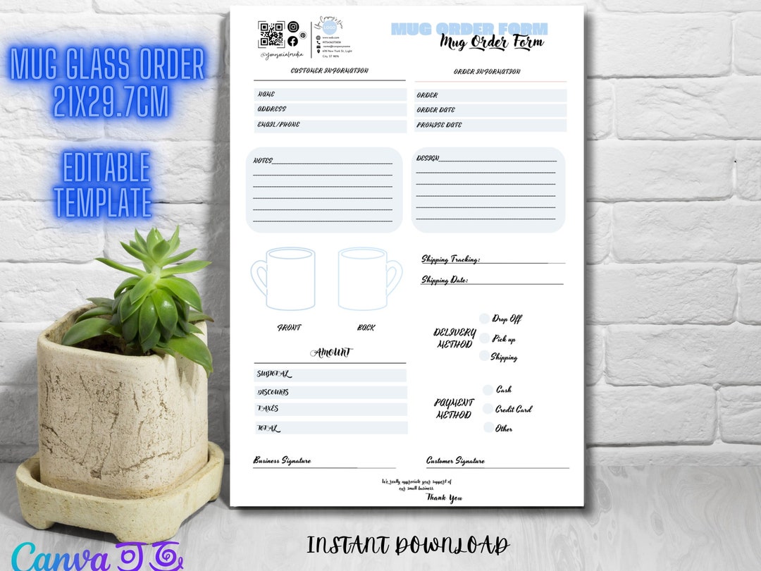 Mug Order Form Printable Cup Order Form Customizable Mug Order Log ...