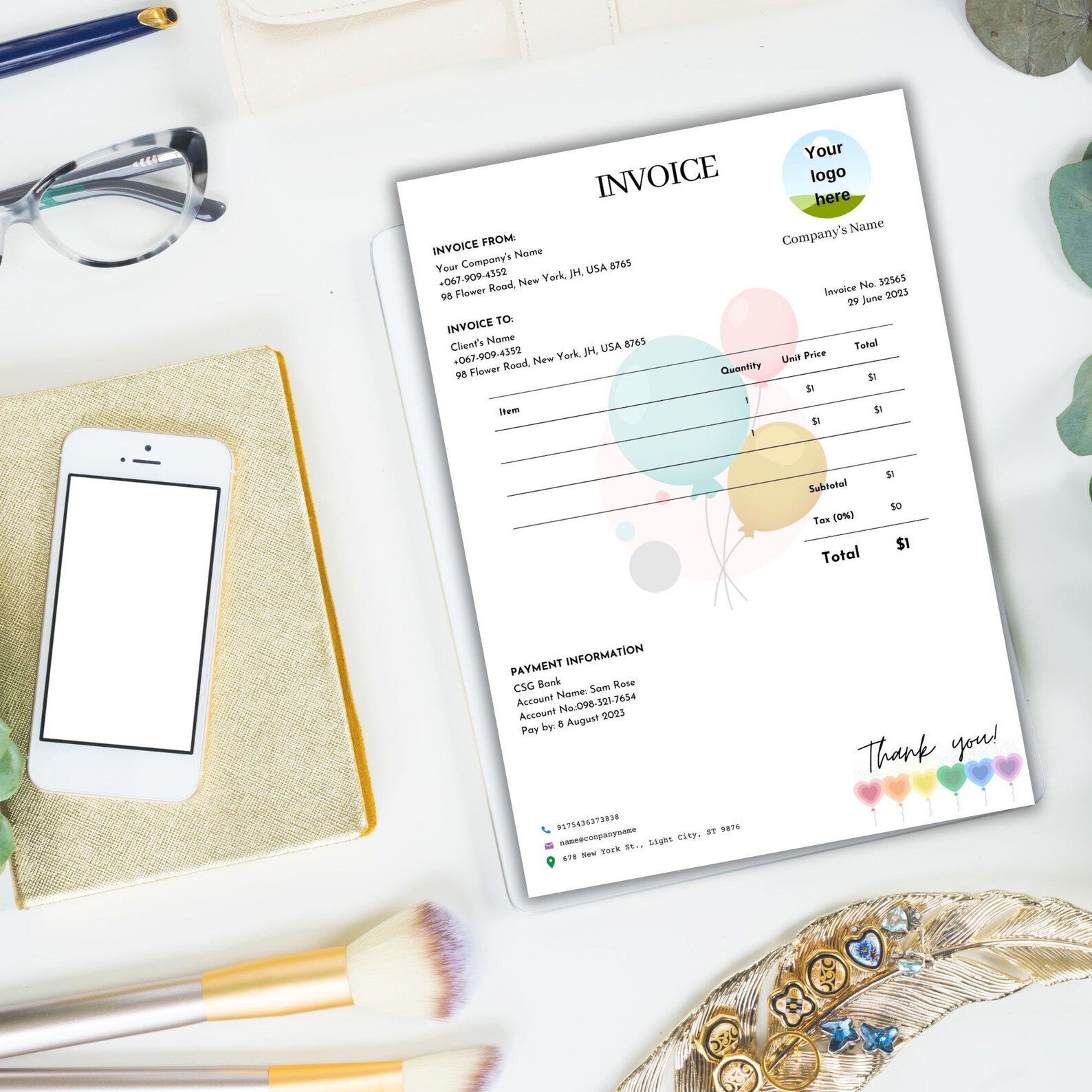 Balloon Invoice Template Receipt Template Business Template Printable ...