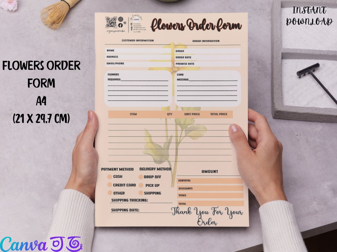EDITABLE FLORIST ORDER Form Wedding Flowers Printable Flowers Order ...