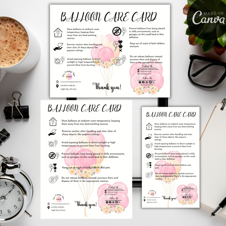 Editable Ballooon Care Card Template 3 Different Sizes, Printable ...