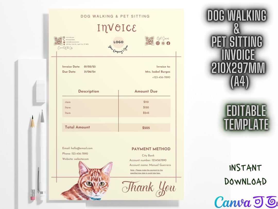 Custom Invoice Template Dog Walking Invoice Small Business Invoice ...