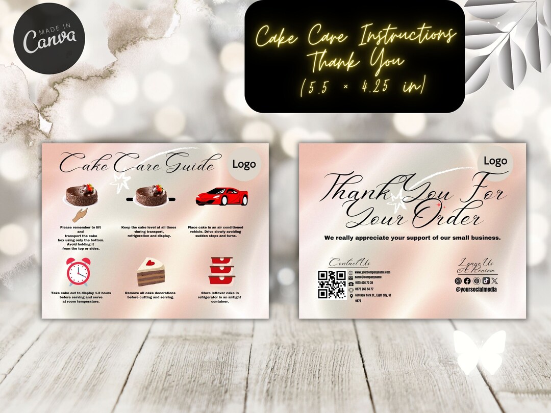 Editable Cake Care Card Template Cake Care Guide Thank You Card Bakery ...