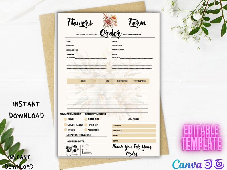 EDITABLE FLORIST ORDER Form Wedding Flowers Printable Flowers Order ...