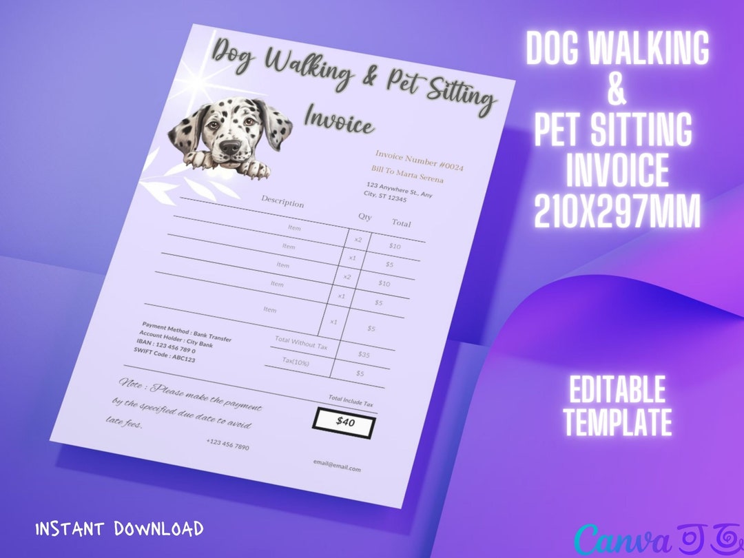 Pet Sitting Invoice Template for Dog Walking Pet Care Dog Grooming and ...