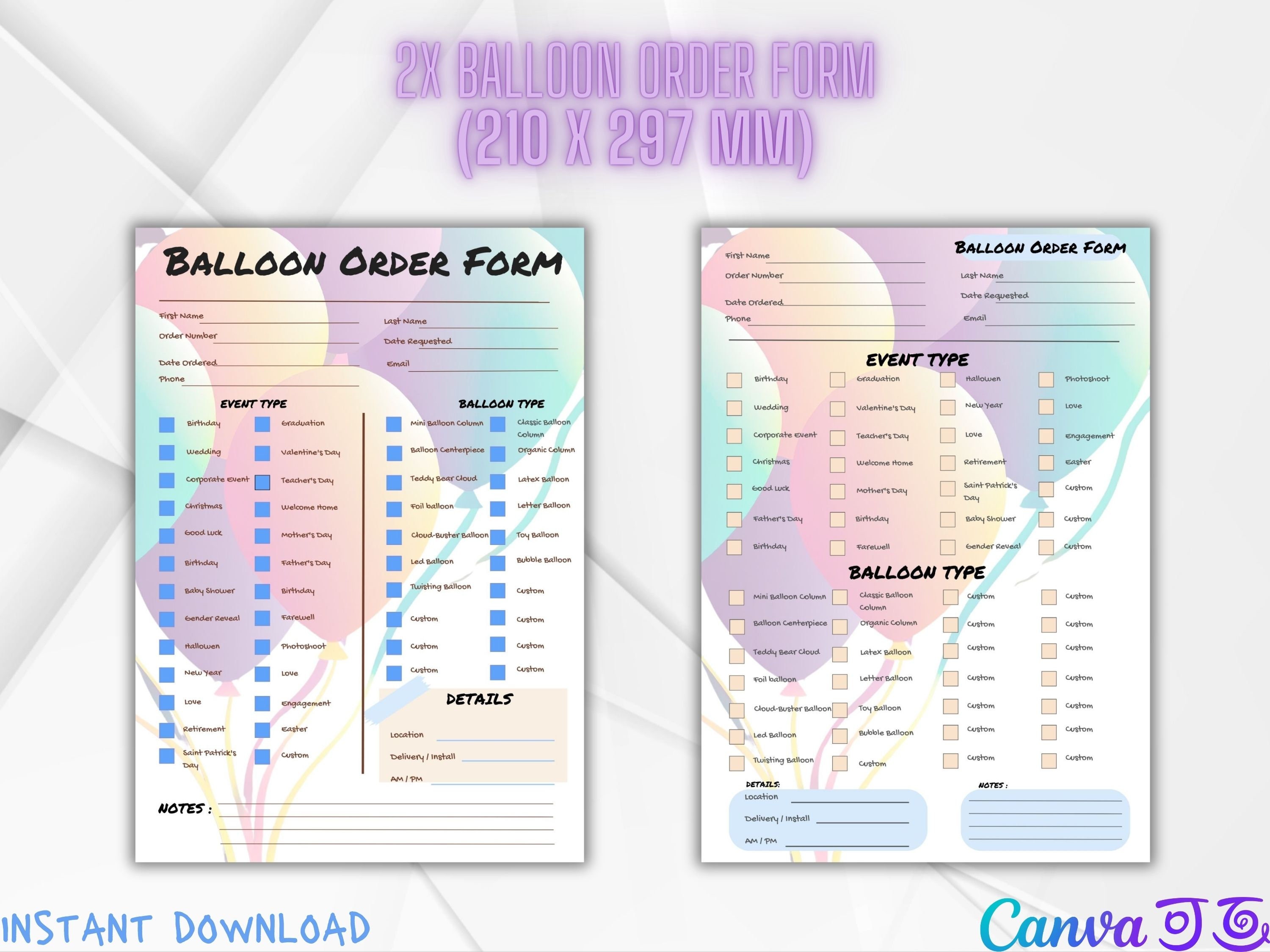 Editable Balloon Order Form Template Balloon Order Tracker Custom Balloon Sale Tracker Balloon ...