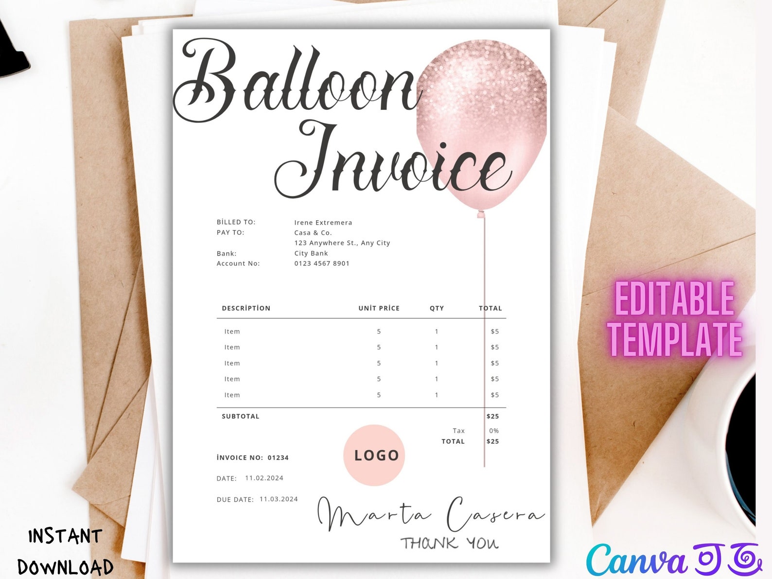 Balloon Invoice Template Receipt Template Business Template Printable ...