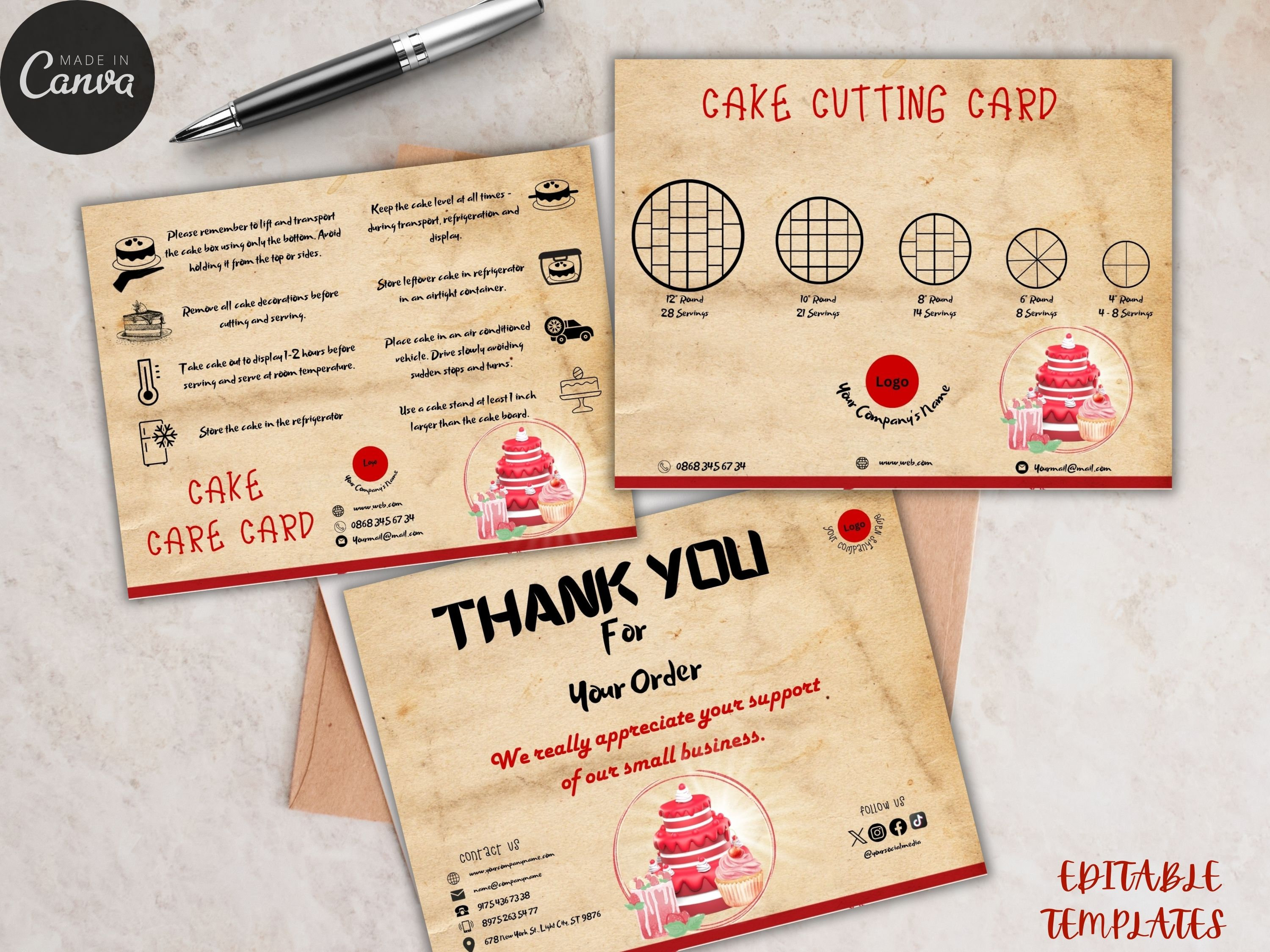 Cake Care Card Editable Cake Cutting Card Printable Thank You Card Cake ...