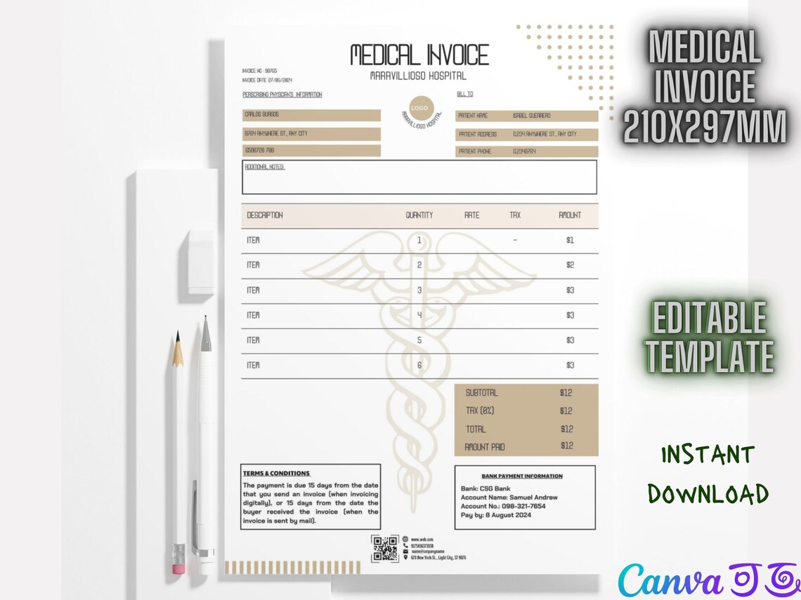 Printable Medical Invoice Doctor's Medical Bill Receipt Invoice PDF ...