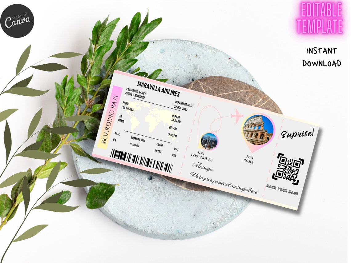 Editable Boarding Pass Template Canva Boarding Pass Surprise Trip ...