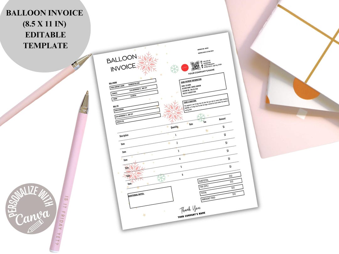 Balloon Business Invoice Template Editable PDF Custom Balloon Invoice ...
