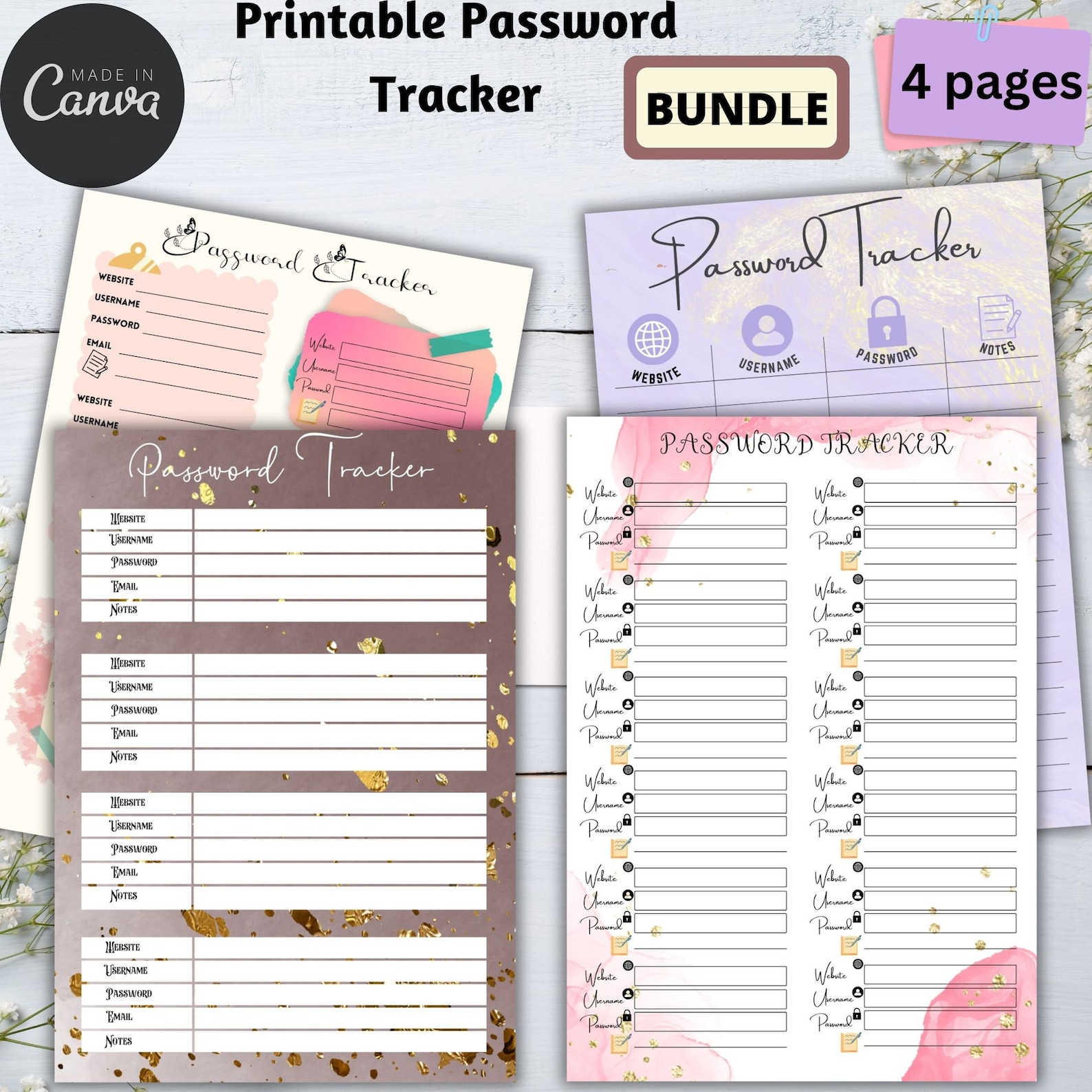 Password Tracker BUNDLE, 4 Printable Password Log, Password Keeper ...
