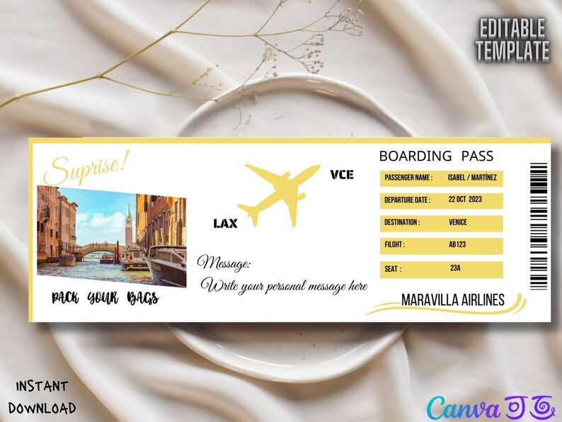 Editable Boarding Pass Template Canva Printable Personalized Airline ...