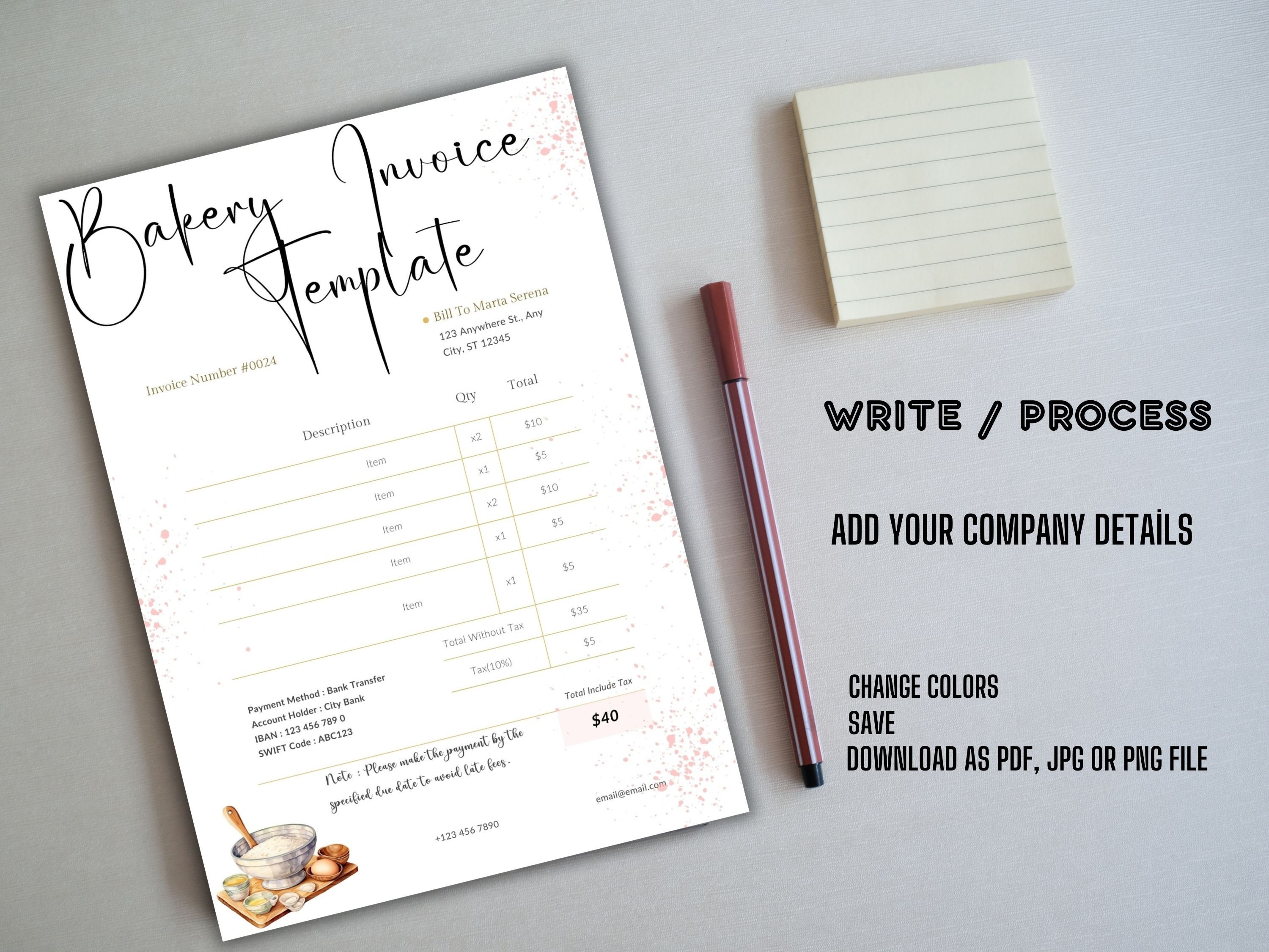 Bakery Invoice Editable Template DIY Edit Business Invoice Form ...