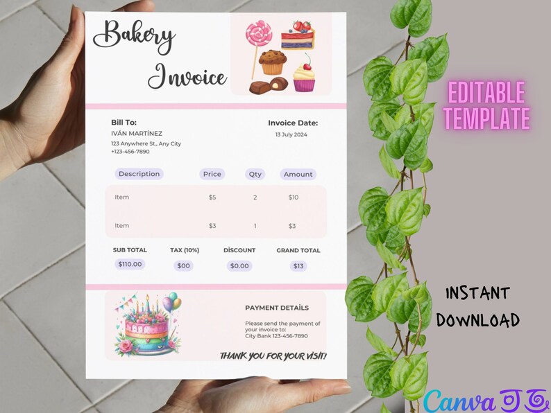Bakery Invoice Template Receipt Template Business Template Printable ...