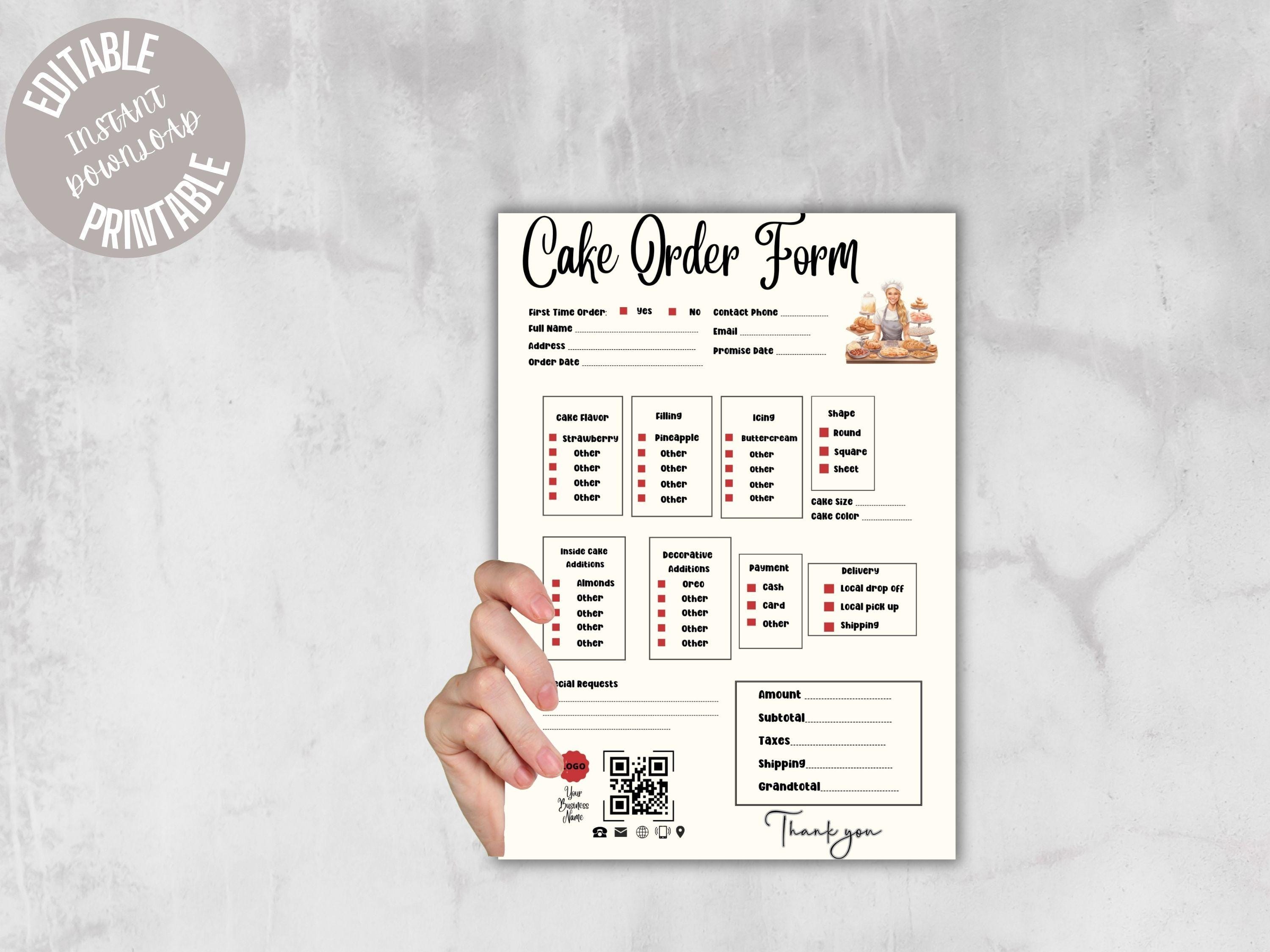 Editable CAKE ORDER FORM, Printable Cake Order Form Template, Baking Business Order Form, Custom ...